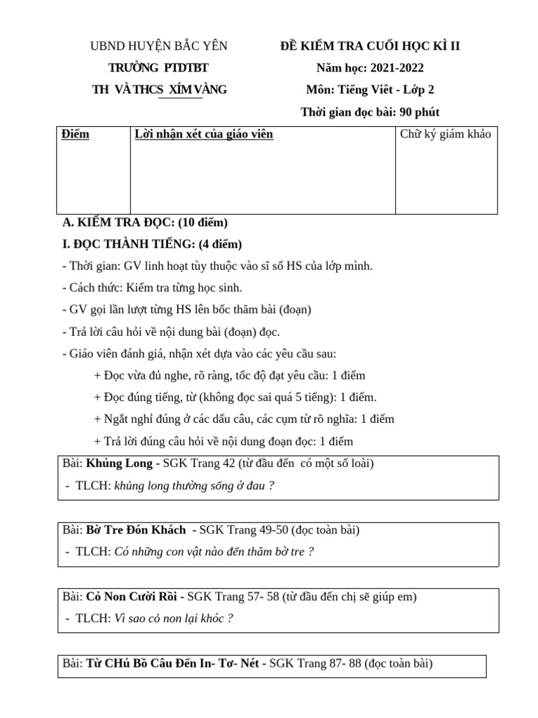 De Thi Cuoi Hk2 Mon Tieng Viet Lop 2 Truong TH Xim Vang Nam 2021 2022 | PDF