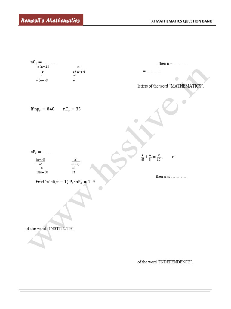 Hsslive Xi Maths-Qb 06 Permuations and Combinations | PDF | Vowel | Consonant