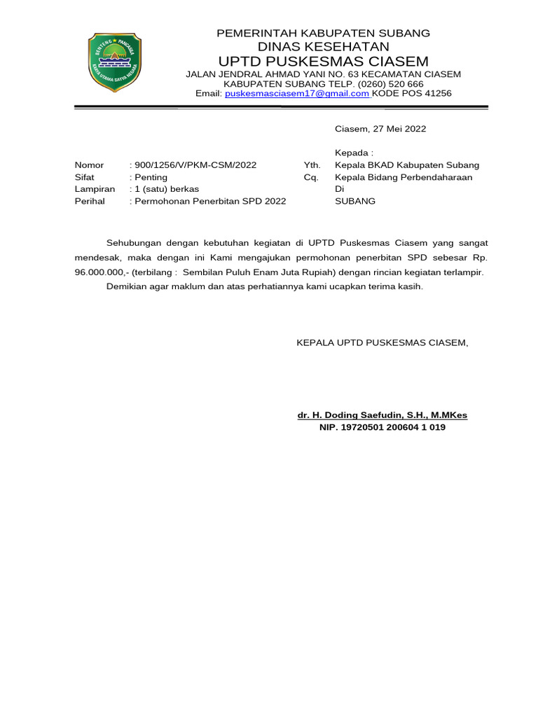 Permohonan Penerbitan SPD TKNA 2022 PKM Ciasem | PDF