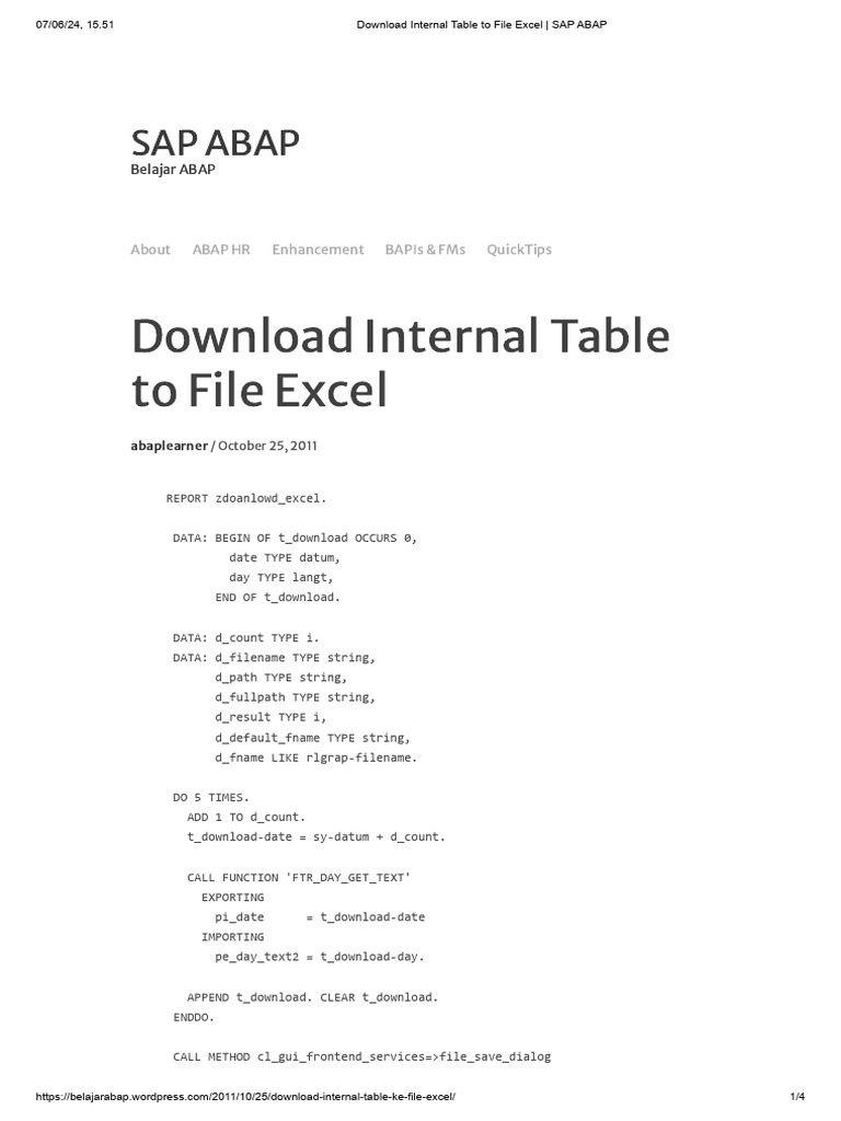 Download Internal Table to File Excel _ SAP ABAP | PDF | Microsoft Excel | Computer File