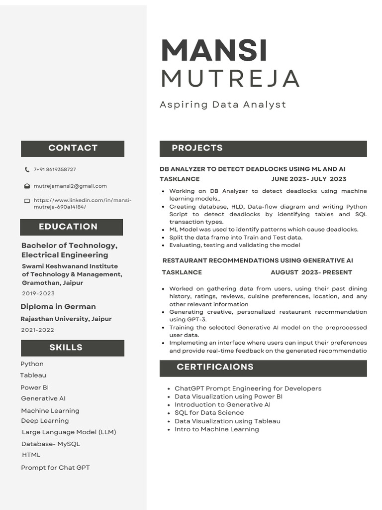 Mansi Mutreja - DA Resume - 14-09-2023 | PDF | Artificial Intelligence | Intelligence (AI ...