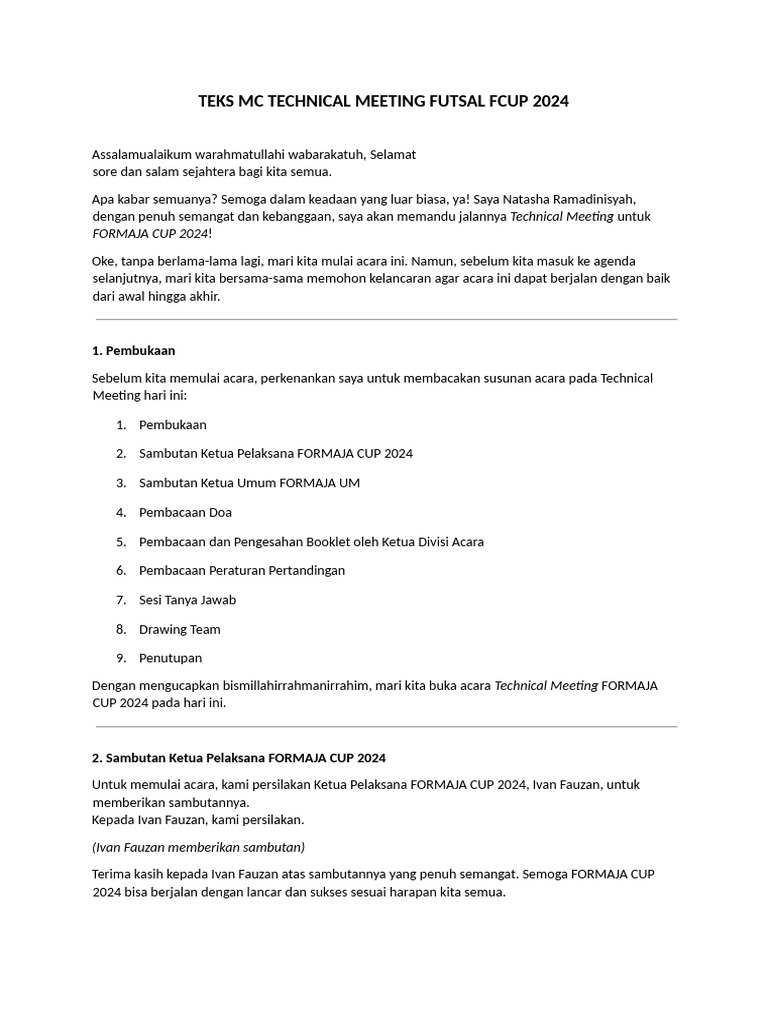 Teks MC Technical Meeting Futsal Fcup 2024 | PDF