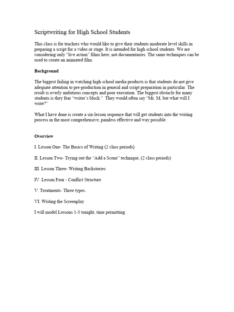 Script Writing Course For High School | PDF | Screenplay | Screenwriting
