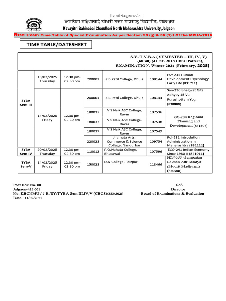 Ree Exam Time Table Special Exam SYBA TYBA MSW Exam Feb 2025 | PDF