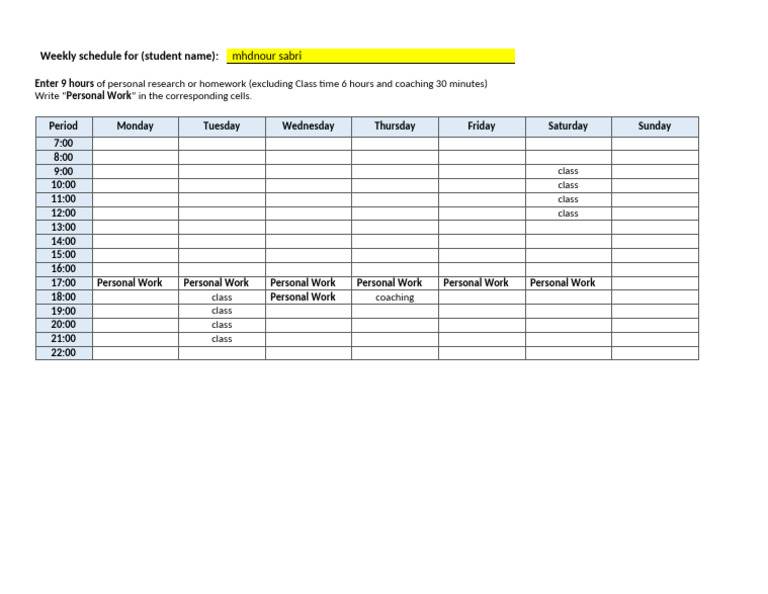Full Time Student Weekly Schedule | PDF