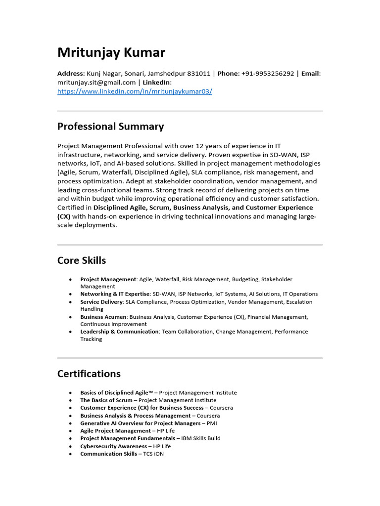 Mritunjay Kumar - 11 Yrs Project MGMT | PDF | Project Management | Agile Software Development