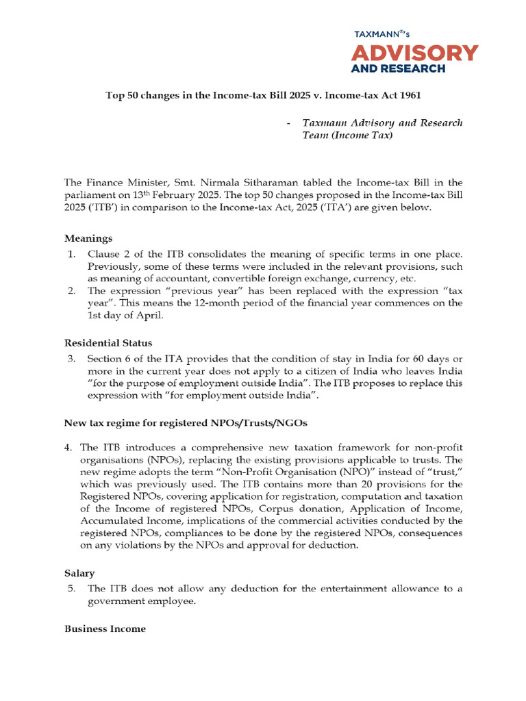 Top 50 Changes in The Income-Tax Bill 2025 v. Income-Tax Act 1961 ...