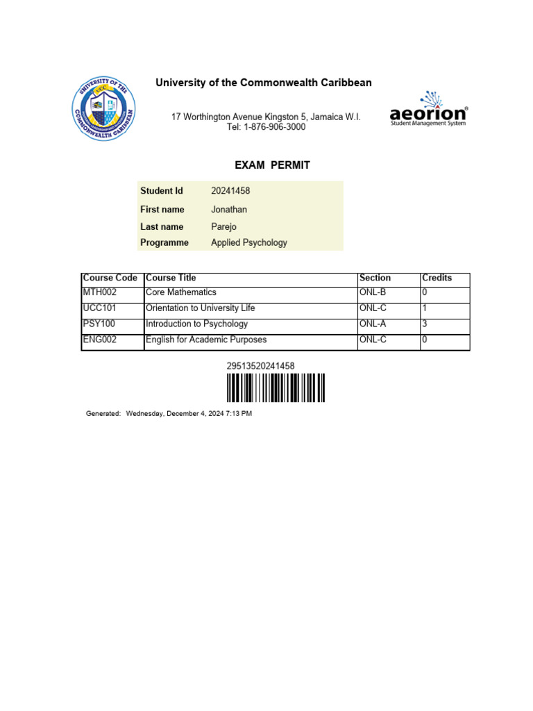 Exam permit for 20241458 | PDF