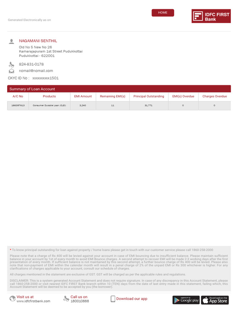 IDFC FIRST Bank Loan Account Statement | PDF | Loans | Fee