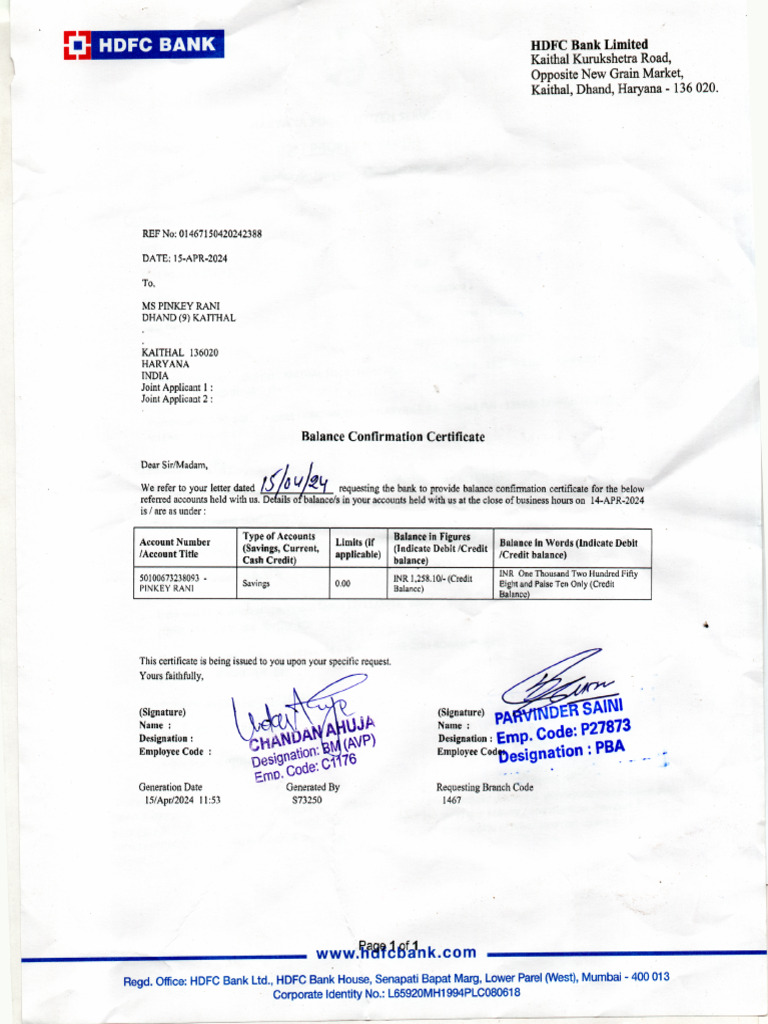 PINKI BALANCE CERTIFICATE | PDF