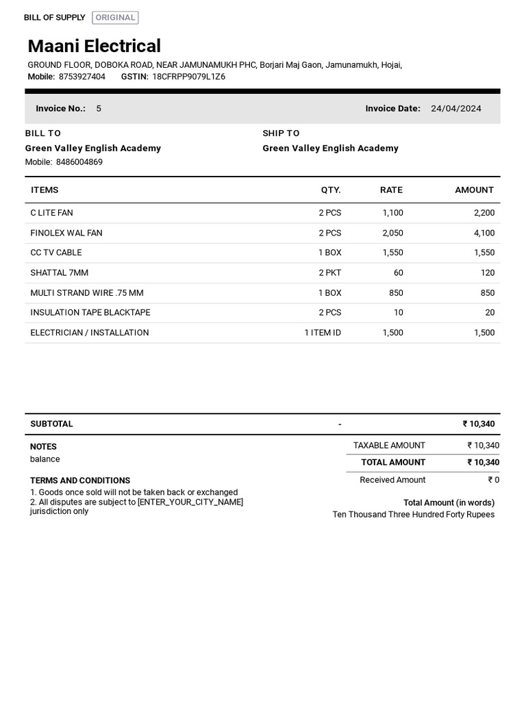 Green Valley English Academy Sales Invoice 5 | PDF