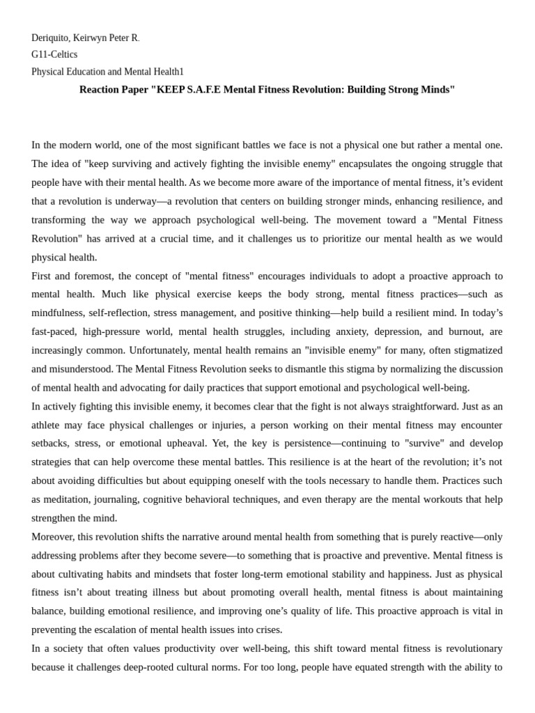 Reaction Paper (Mental Health) | PDF | Mental Health | Psychological ...