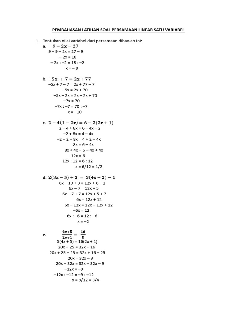 Pembahasan Latihan Soal Persamaan Linear Satu Variabel | PDF