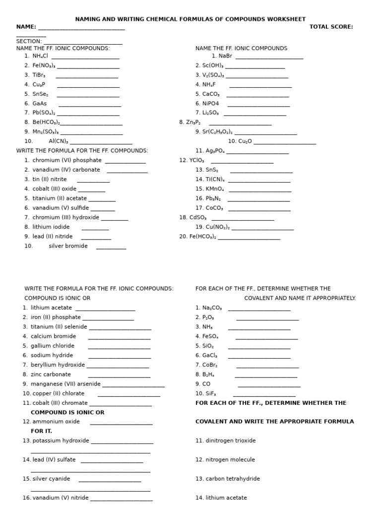 Naming and Writing Chemical Formulas of Compounds Worksheet | PDF ...