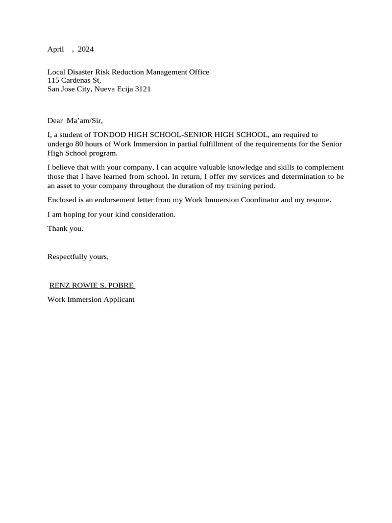Work Immersion Application Letter | PDF