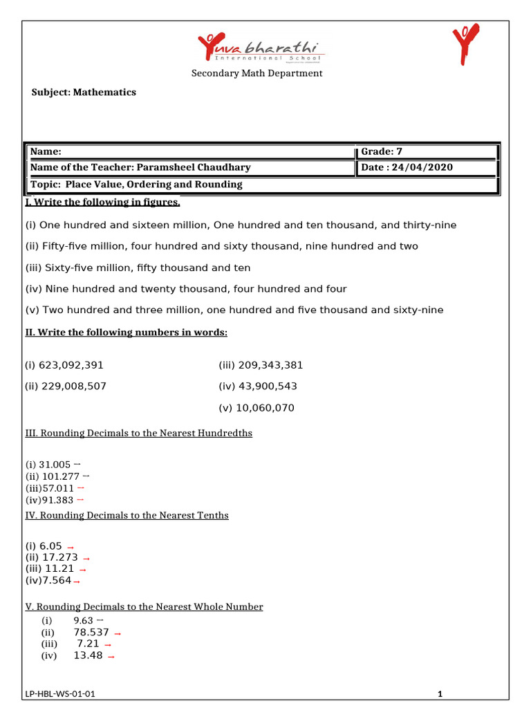 1.place Value, Ordering and Rounding - Worksheet 1 | PDF