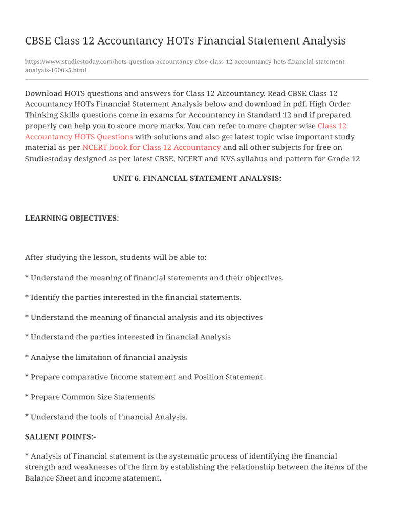 Class 12 Accountancy: Financial Statement Analysis | PDF | Equity ...
