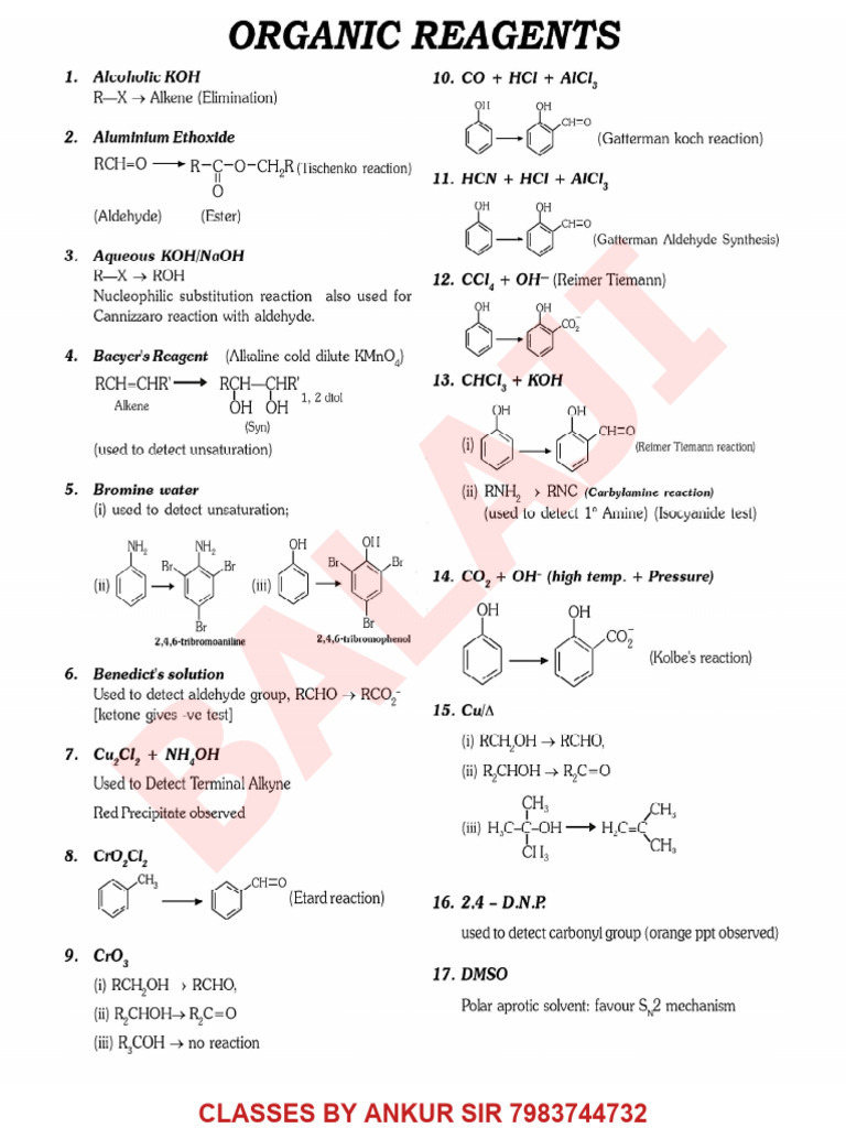 Organic Reagent Summary Class 12 | PDF