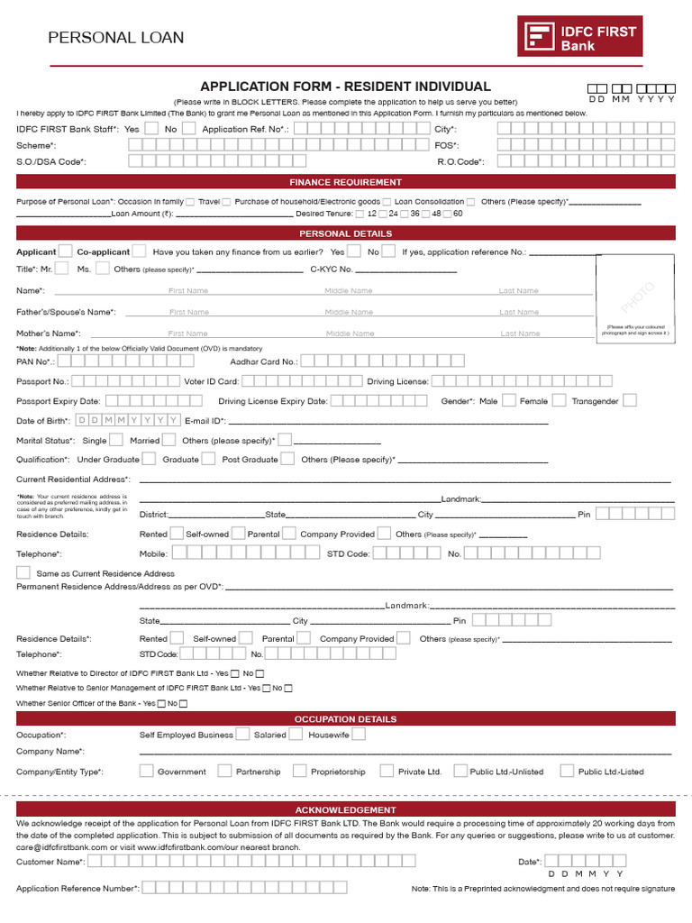 IDFC-FIRST-Personal-Loan-Application-Form-V7 | PDF | Identity Document ...