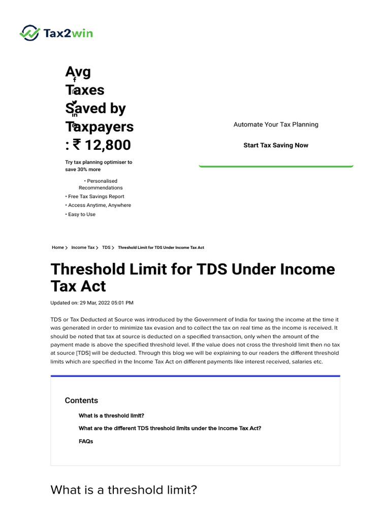 Threshold Limit For TDS Under Income Tax Act - Tax | PDF | Capital ...