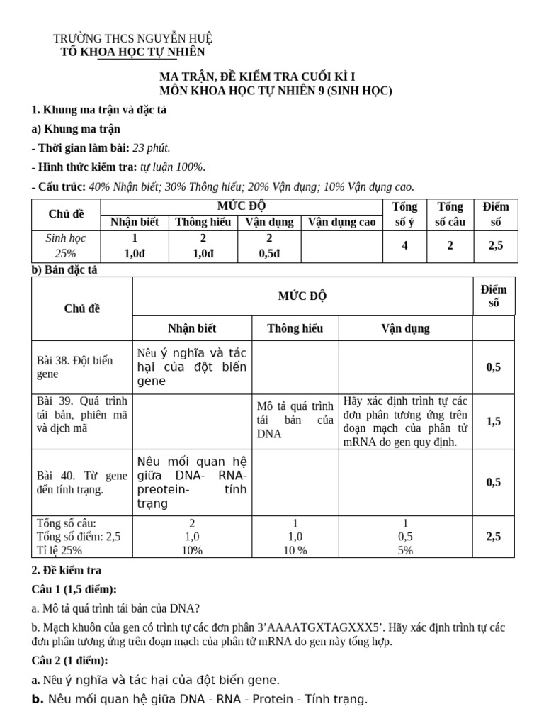 ĐỀ, HDC KHTN 9 HKI 2024-2025 - Phần Sinh học | PDF