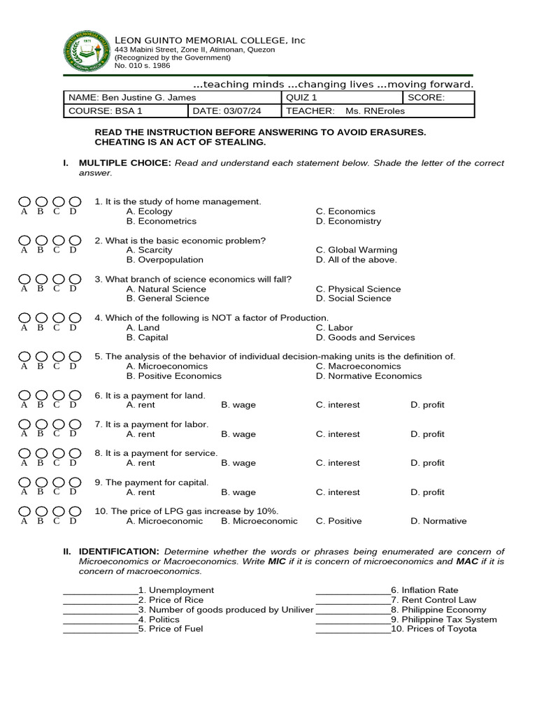 Quiz Basic Microeconomics | PDF | Economics | Entrepreneurship