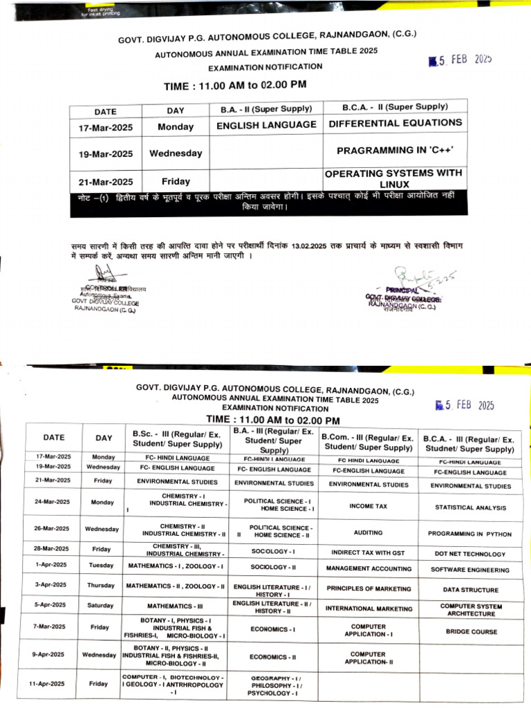 UG Yearly Exam Time Table 2025 | PDF | Science