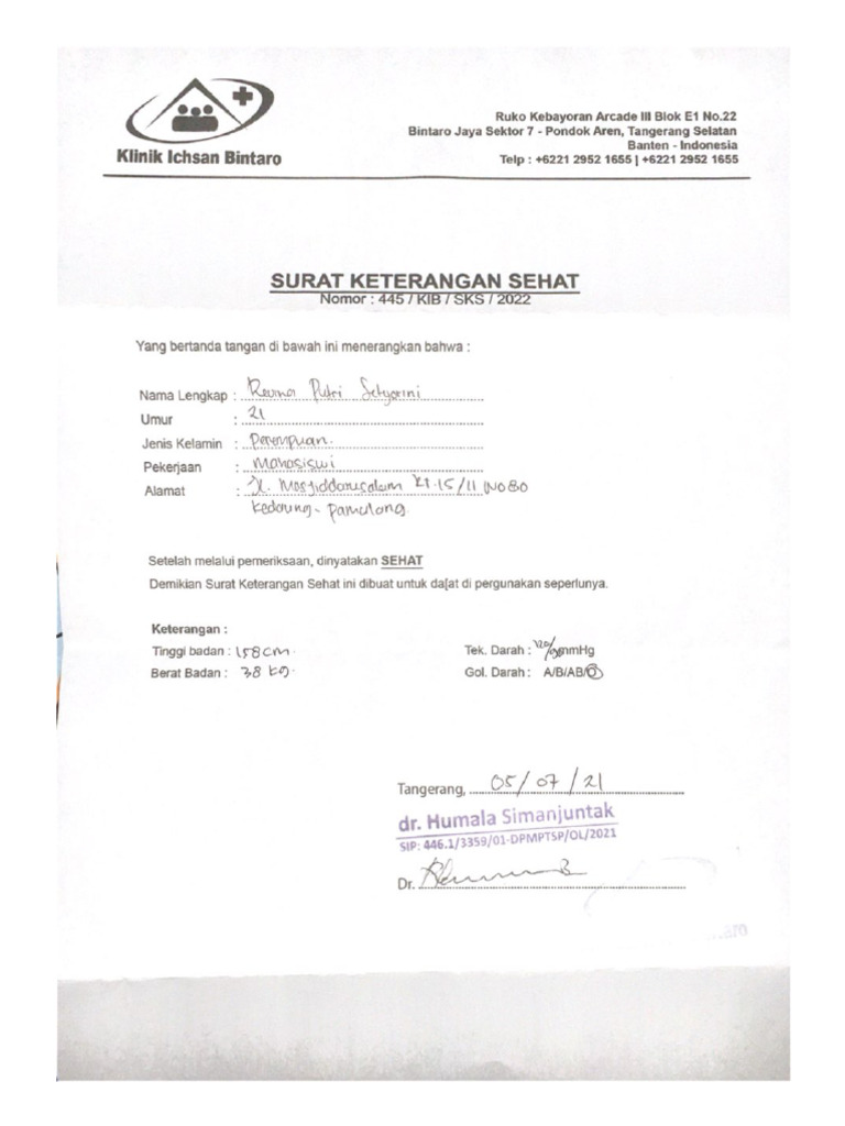 Surat Keterangan Sehat | PDF