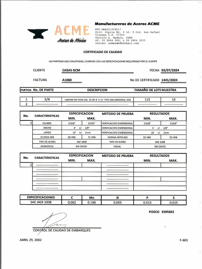 Lámina Galvanizada - Certificado de Calidad 1441 - 2024 | PDF