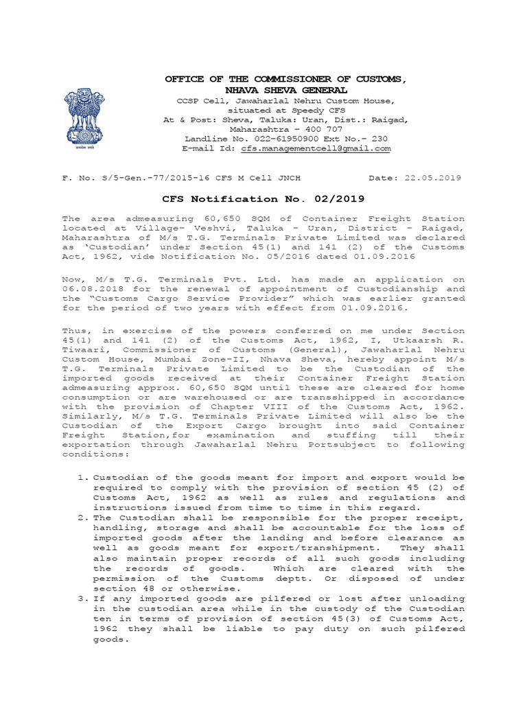 CFS Notification No. 02 - 2019 | PDF | Customs | Cargo