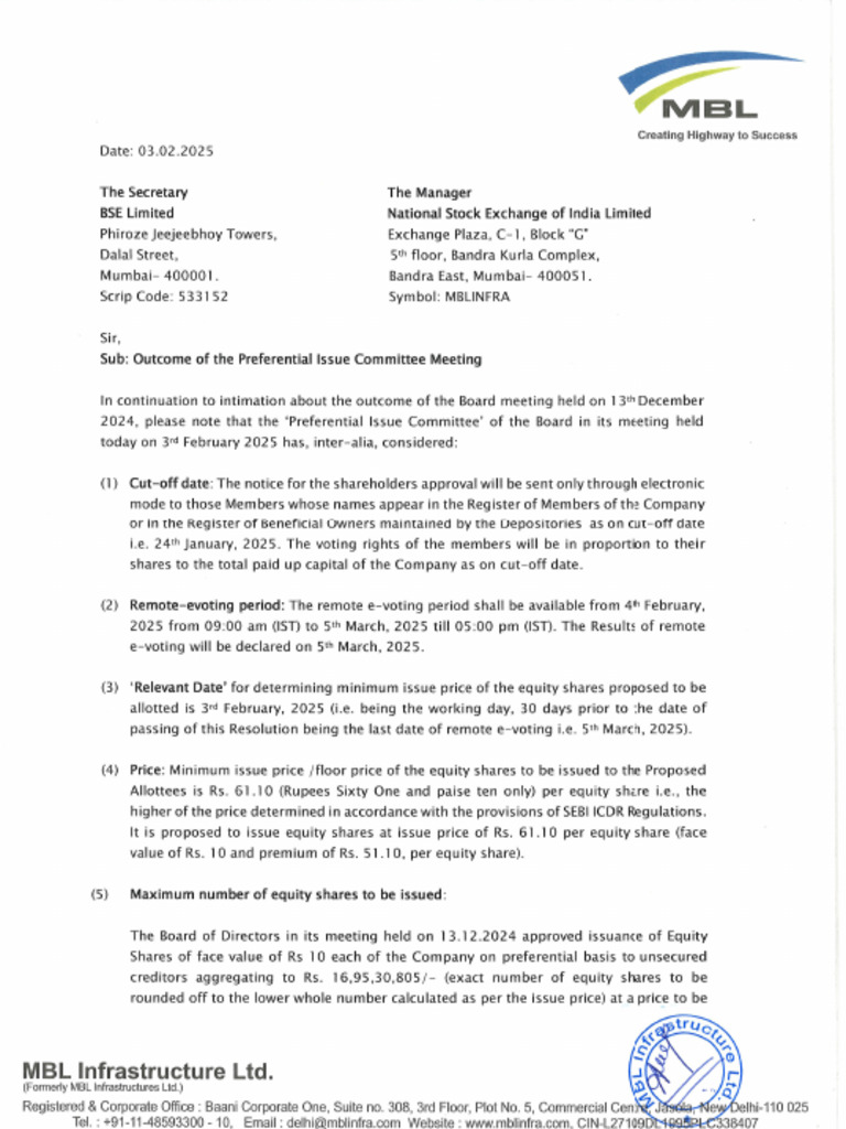 MBL Infrastructure_Preferential Issue_Feb 2025 | PDF | Equity (Finance ...