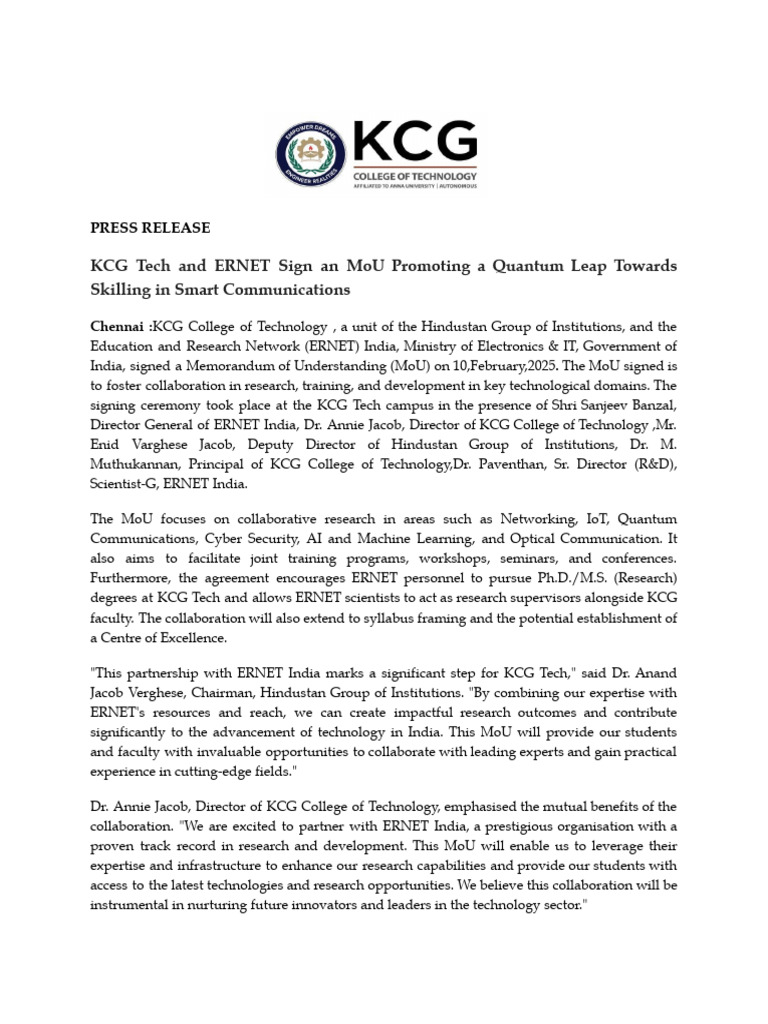 KCG - ERNET India MoU Press Release | PDF | College | Collaboration