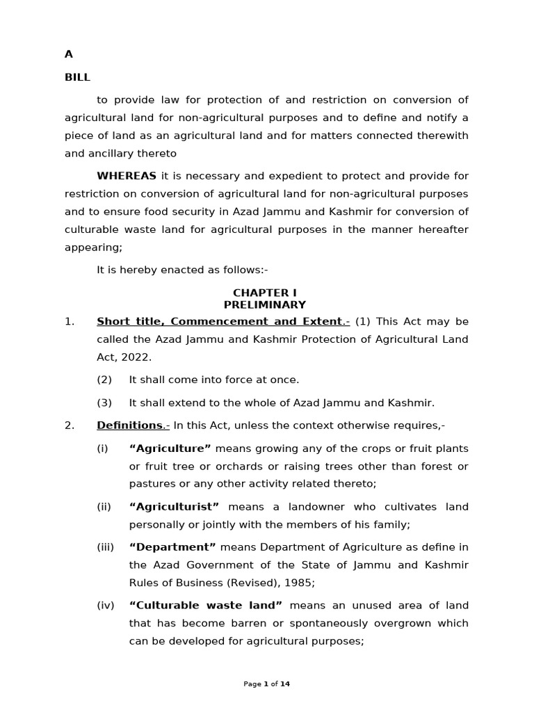 Protection of Agricultural Land Act, 2022 Dated 11.11.2022 | PDF ...