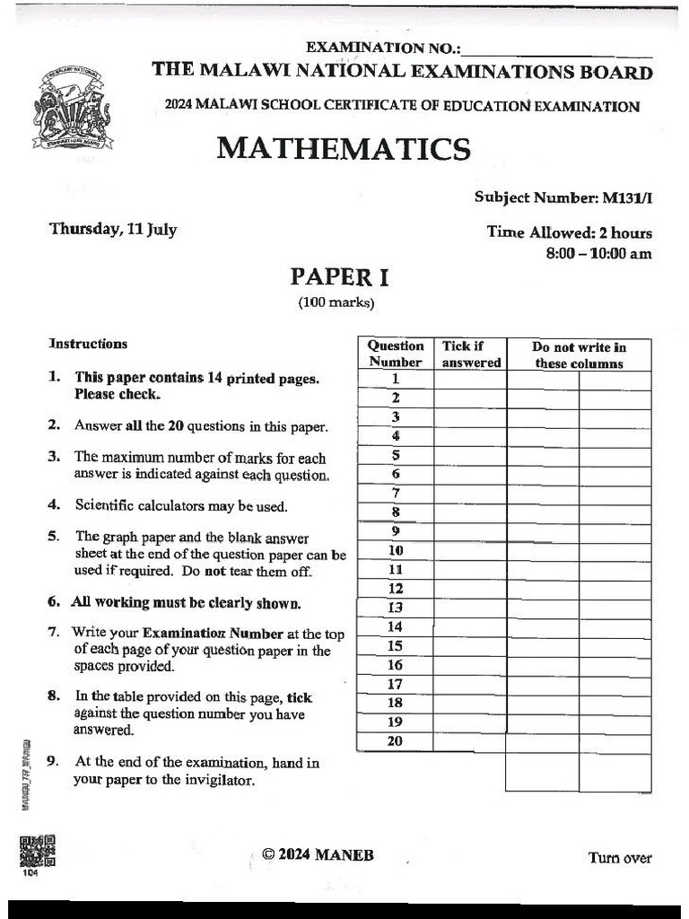 Mathematics paper l msce 2024 | PDF