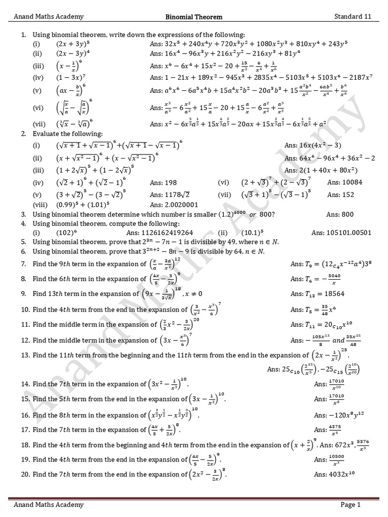 Binomial Theorem Worksheet | PDF | Mathematics | Algebra