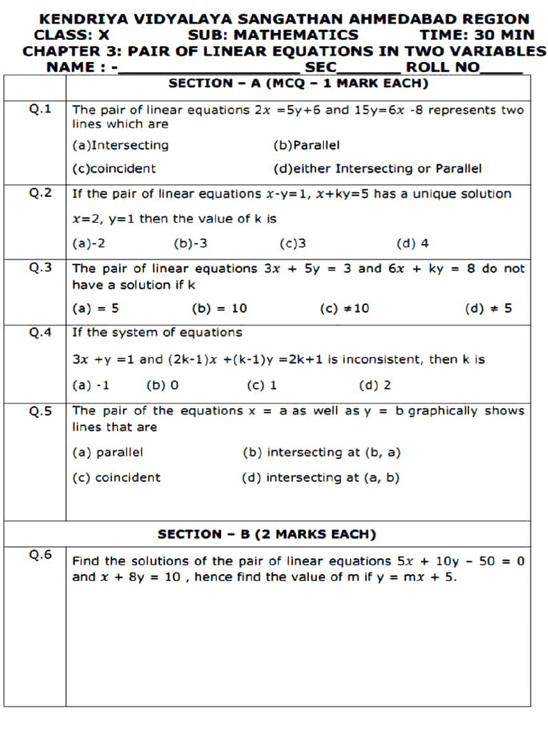 Class 10 Worksheet 2 | PDF | Equations | System Of Linear Equations