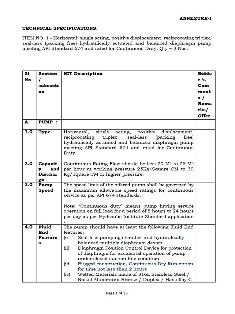 Annexure-I Technical Specifications.: Seal-Less Pumping Chamber and ...