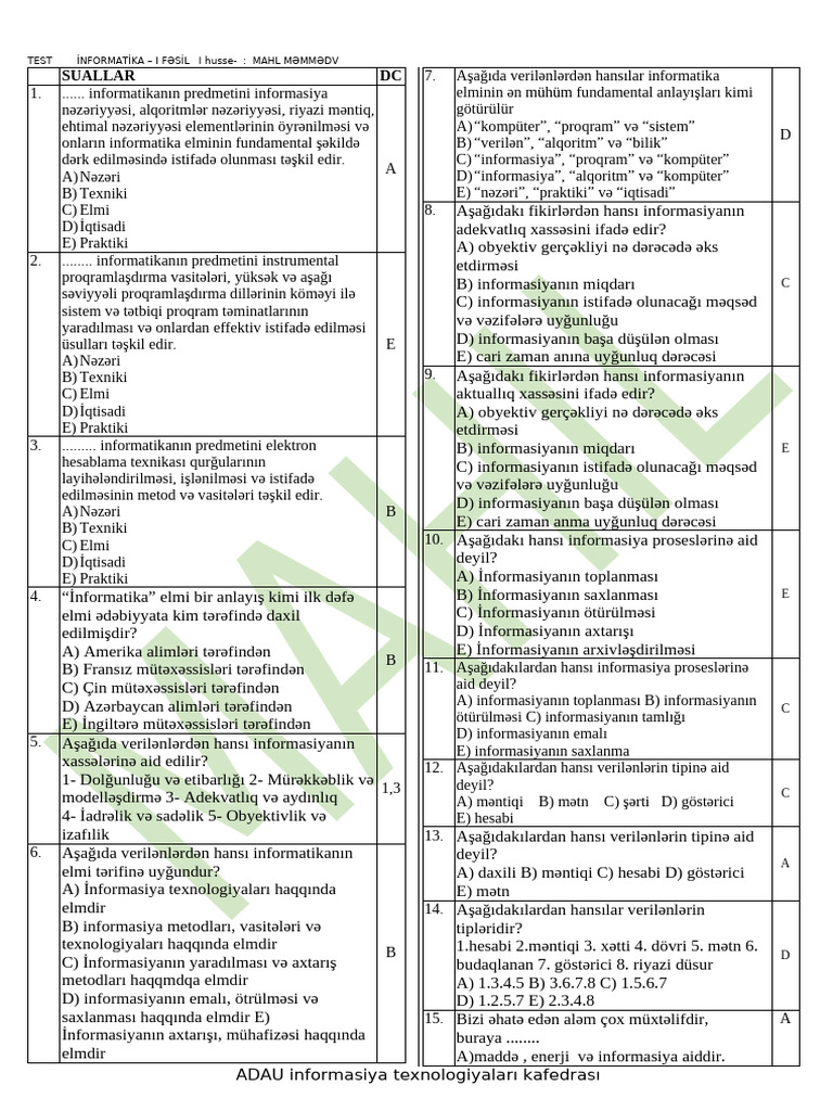 Mahil_informatika_test_1_Informasiya | PDF
