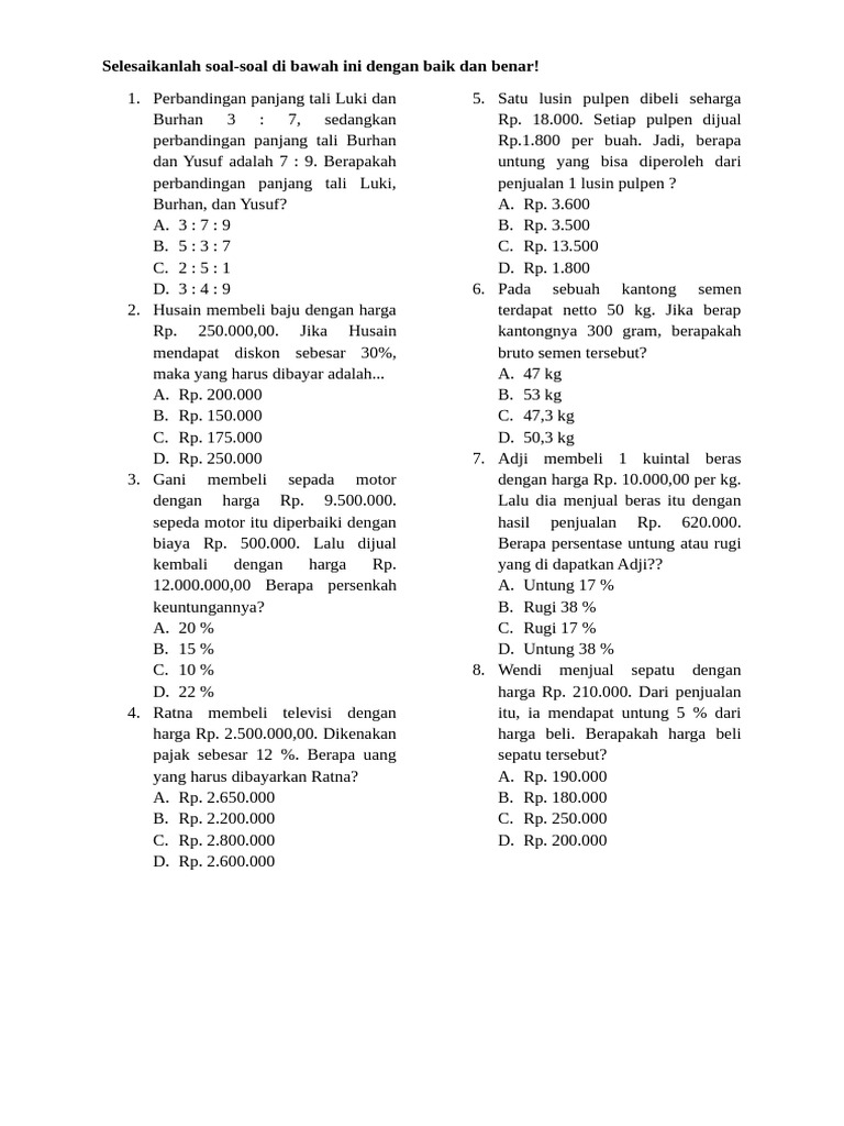 tanpa kop mathcoaching kelas 7 perbandingan dan aritmatika | PDF