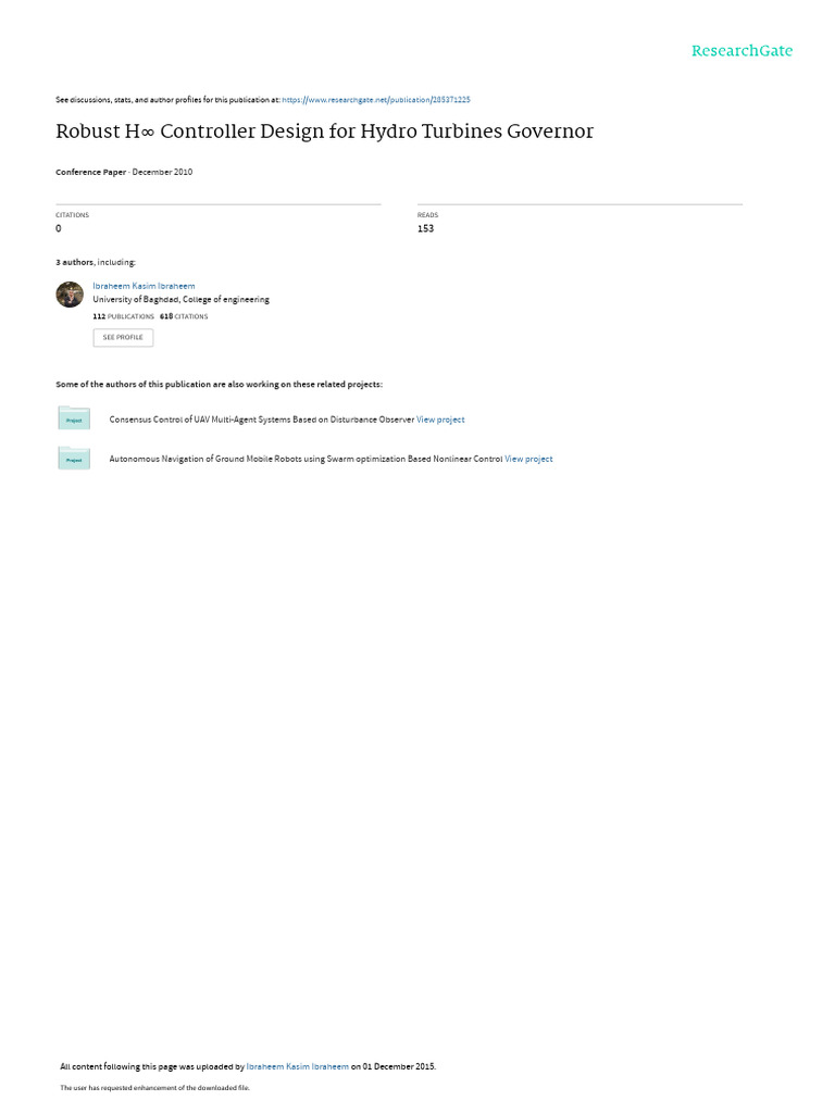 Robust H Controller Design For Hydro Turbines Governor | PDF | Control Theory