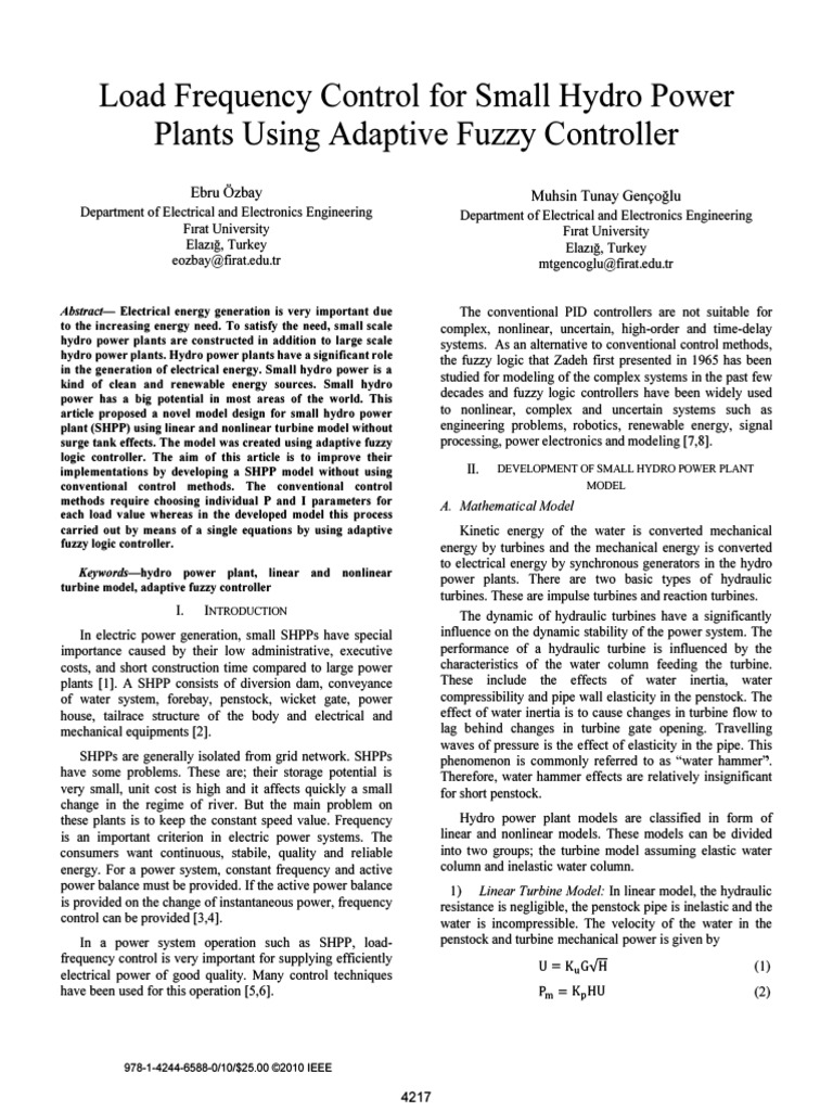 Load Frequency Control for Small Hydro Power Plants Using Adaptive Fuzzy Controller | PDF ...
