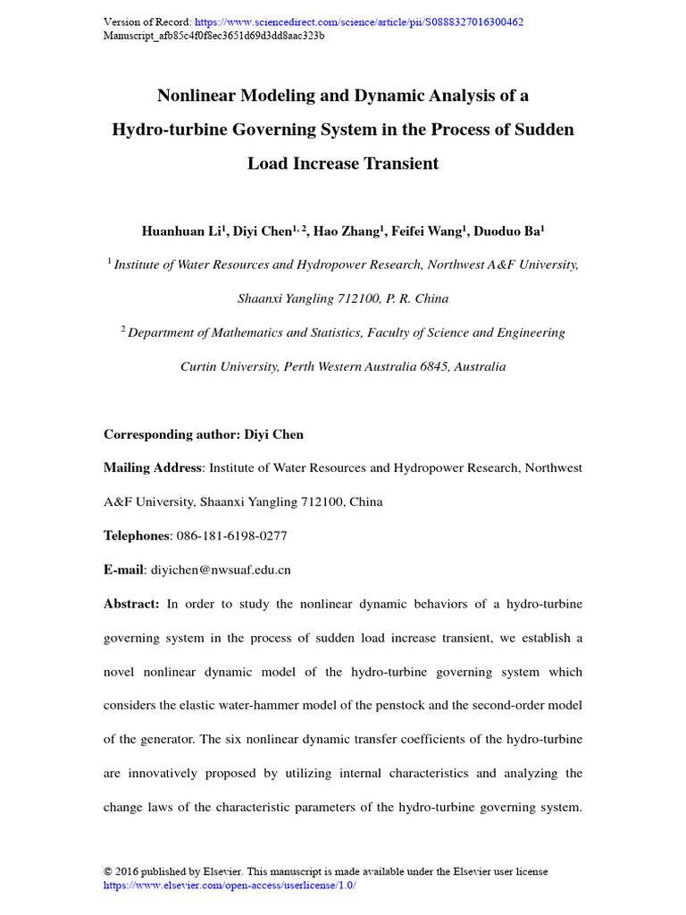 Nonlinear Modeling and Dynamic Analysis of a Hydro-turbine Governing System in the Process of ...
