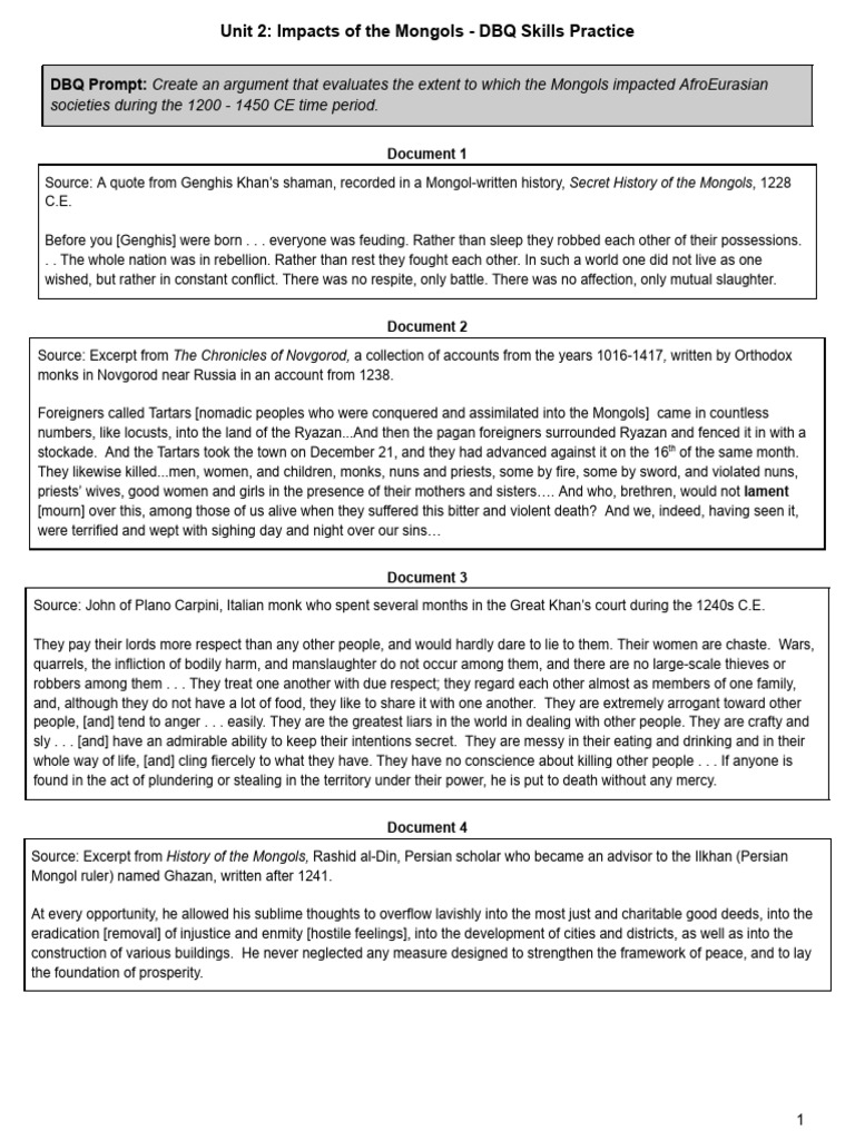 Unit 2 DBQ Practice - Mongol Docs | PDF | Mongol Empire | Genghis Khan