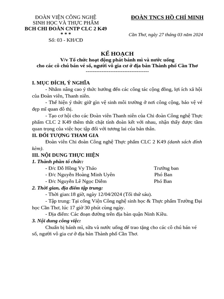 (CNTP CLC 2 K49) KẾ HOẠCH CTXH 3 | PDF