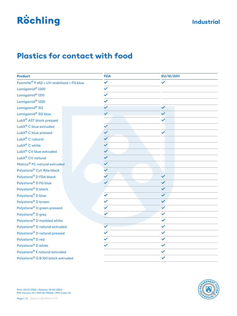Rochling - Food Grade Approvals | PDF | Materials | Organic Polymers