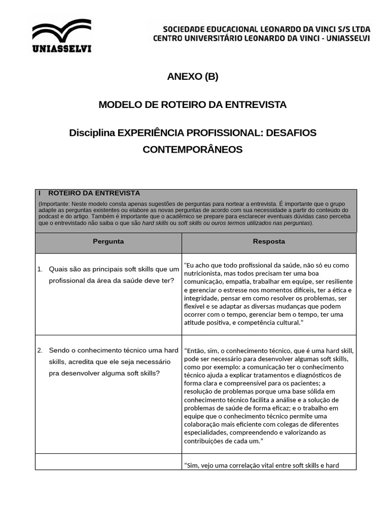 Anexo B - Roteiro Da Entrevista CATHARINA | PDF | Empatia