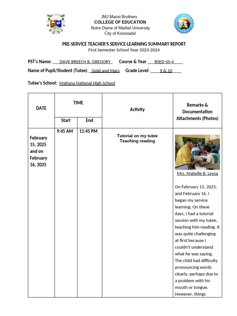 Pre-Service Teacher Service Report 2023 | PDF | Learning
