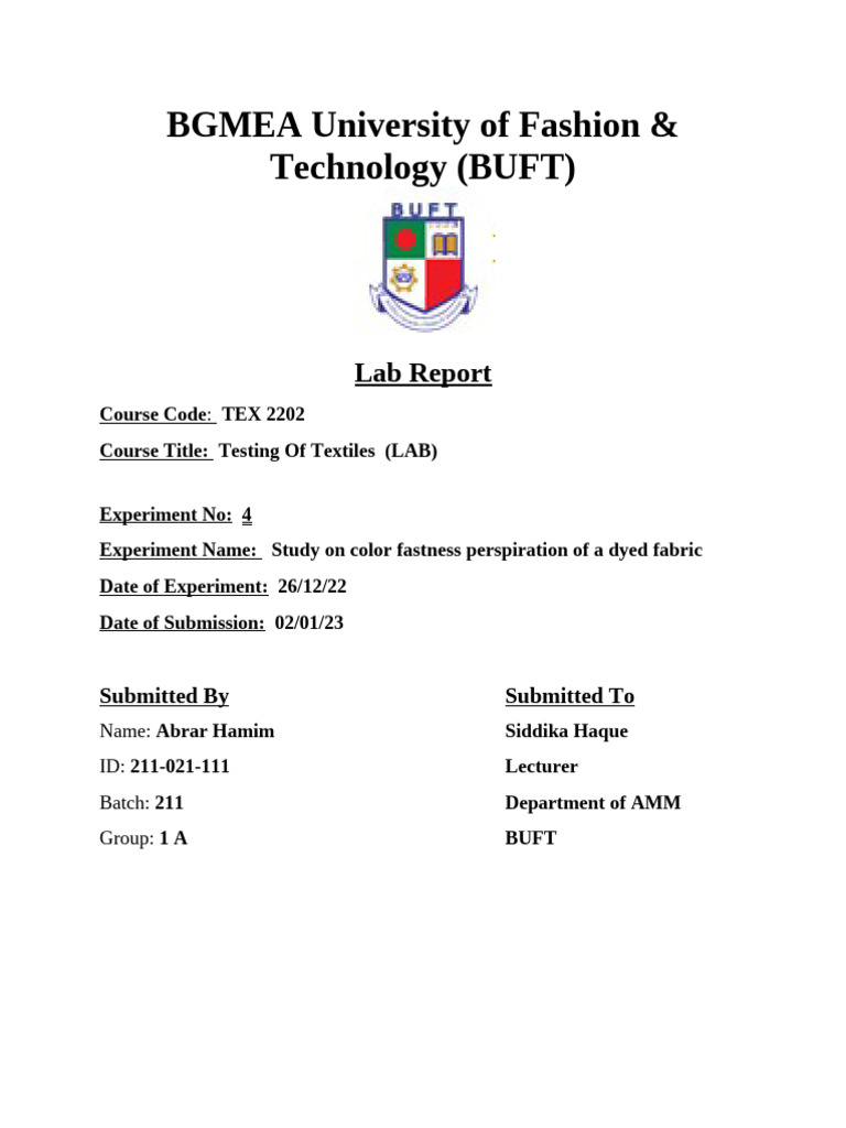 BGMEA University of Fashion & Technology (BUFT) : Lab Report | PDF