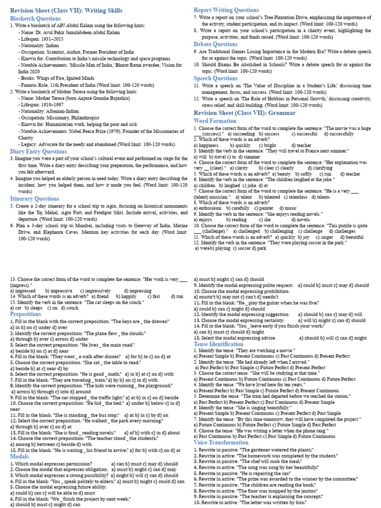 Class VII Writing Skills Revision Guide | PDF | Perfect (Grammar ...
