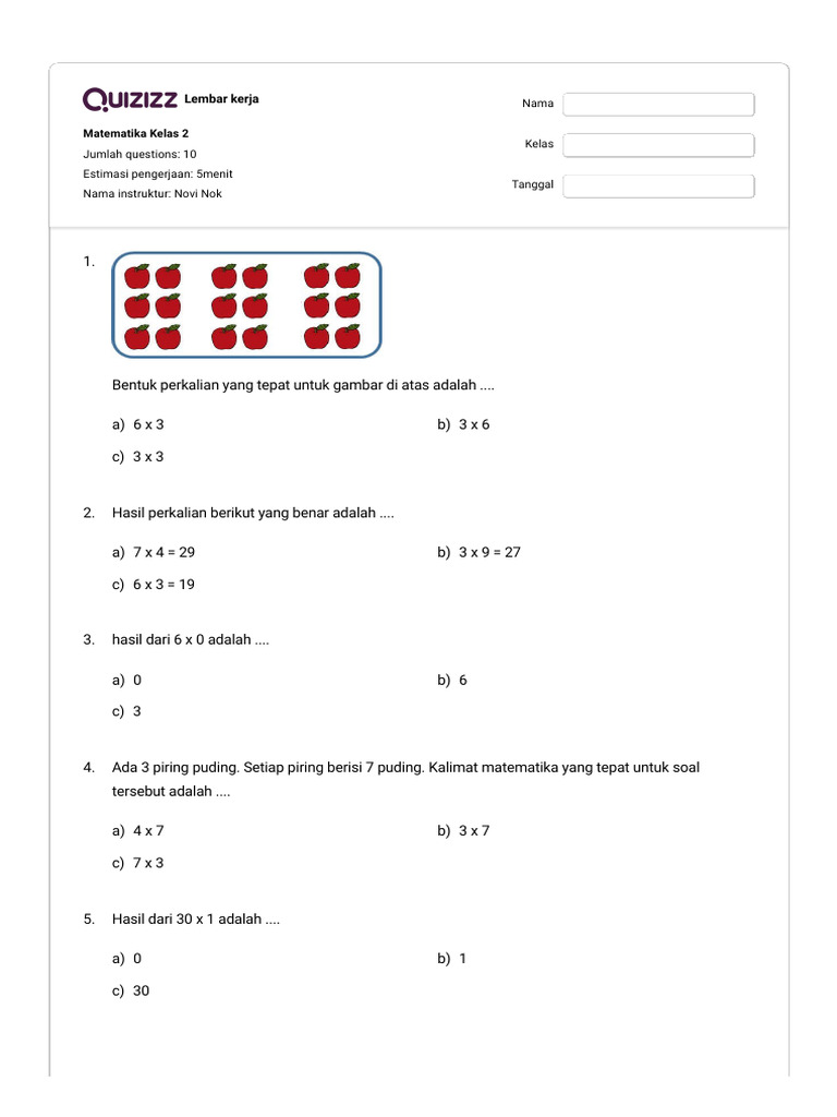 Quizizz - Matematika Kelas 2 | PDF
